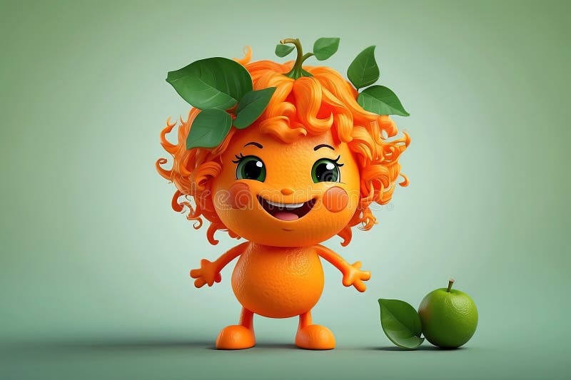 Cute Orange Character with Lime and Leaves, 3d Rendering Stock ...