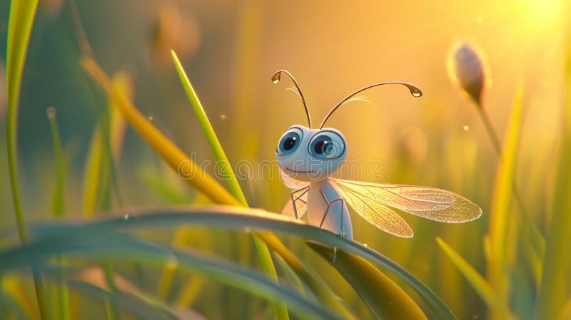 Cute Orange Firefly on Green Grass at Sunset. 3d Rendering. Stock ...