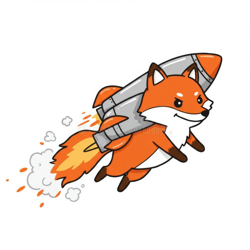 Cute Orange Fox Cartoon Character Flying with Rocket Stock Illustration ...