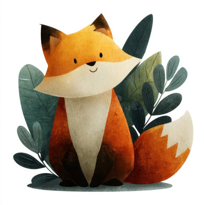 Cute Orange Fox Illustration with Green Leaves Stock Illustration ...
