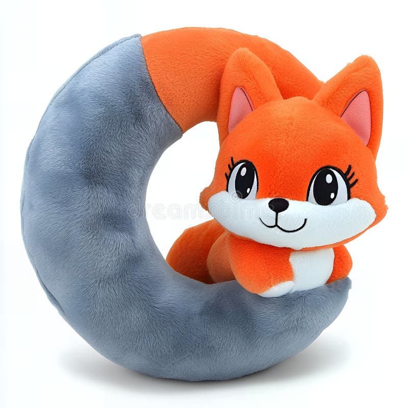 Cute Orange Fox Plush Toy in a Gray Crescent Moon Shape Stock ...