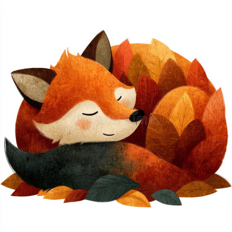 Cute Orange Fox Sleeping on Autumn Leaves Illustration Stock ...