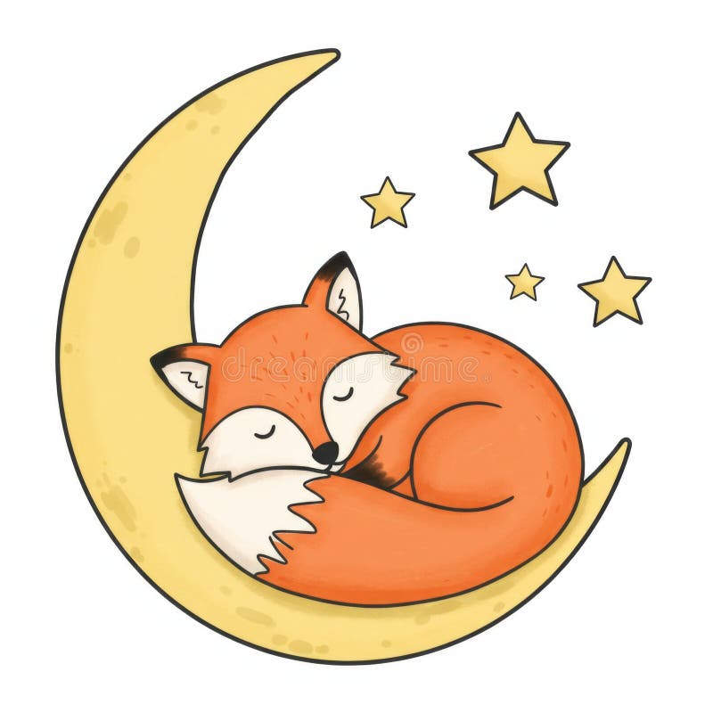 Cute Orange Fox Sleeping on a Yellow Crescent Moon with Stars Stock ...