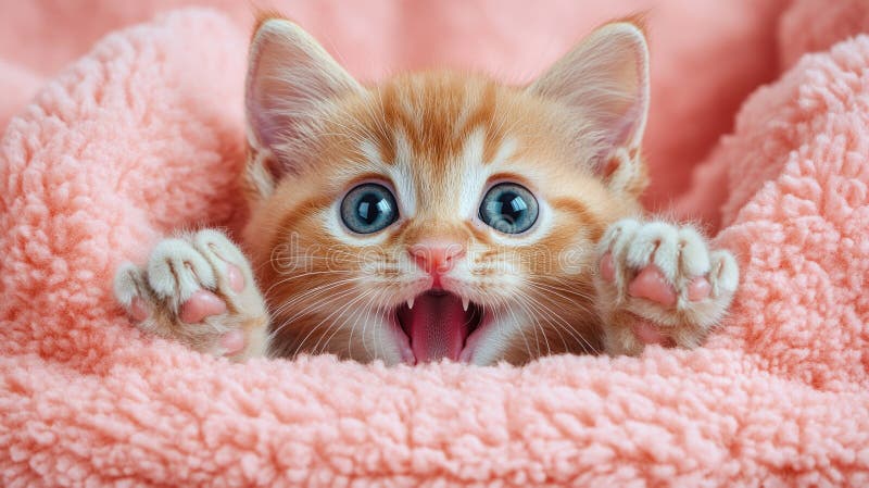 Cute Orange Kitten with Blue Eyes Wrapped in Soft Pink Blanket Stock ...
