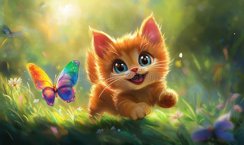 Cute Orange Kitten Playing with Colorful Butterfly in Vibrant Nature ...