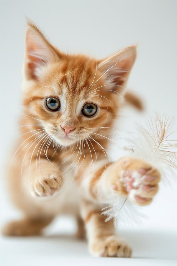 A Cute Orange Kitten is Playing with a Feather Stock Image - Image of ...