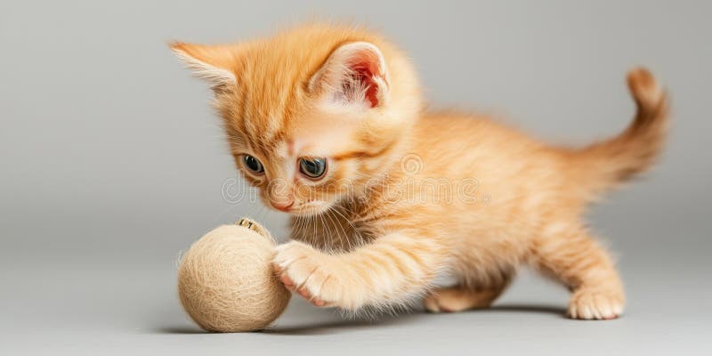 Cute Orange Kitten Playing Fuzzy Ball Gray Background Stock Photos ...