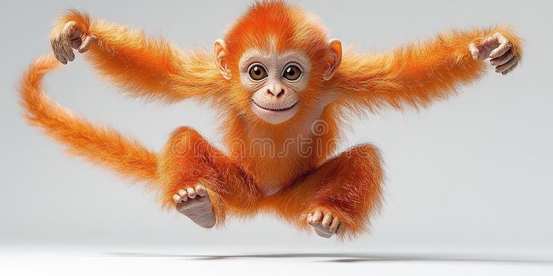 Cute Orange Monkey Joyfully Jumping in a Playful Pose with a Bright ...