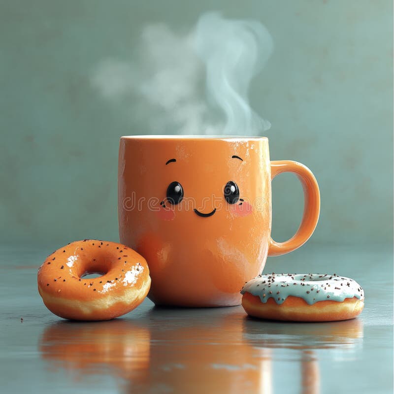 Cute Orange Mug and Two Donuts on a Minimalist Surface Stock ...