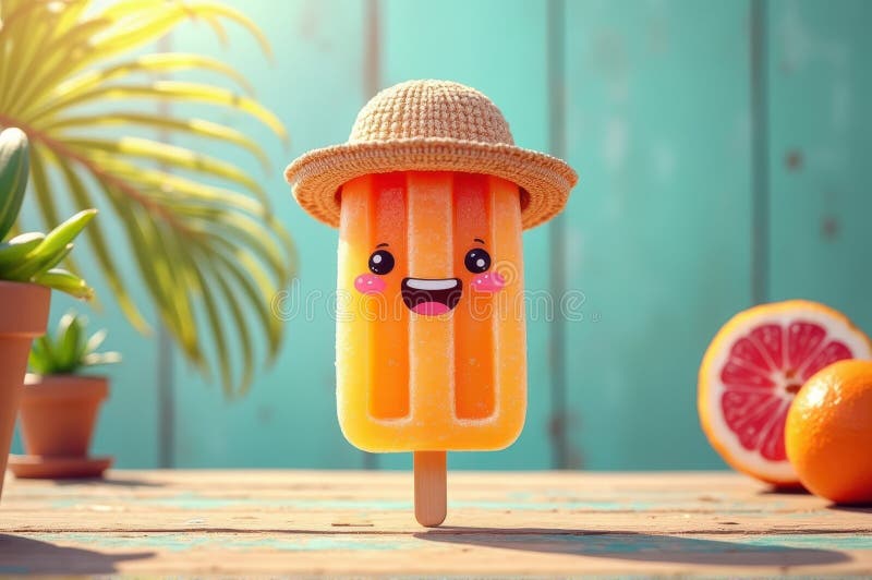 Cute Orange Popsicle with Hat and Smile on Summer Table Stock ...