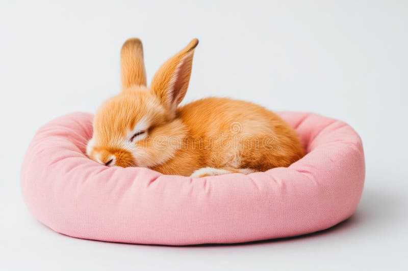 Cute Orange Rabbit Sleeping in a Cozy Pink Pet Bed on a White ...