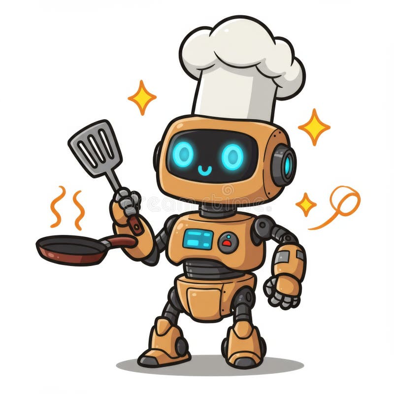 Cute Orange Robot Chef Cooking in Cartoon Style Stock Illustration ...