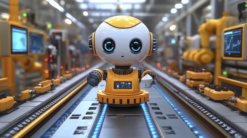 Cute Orange Robot on a High-tech Production Line Stock Illustration ...