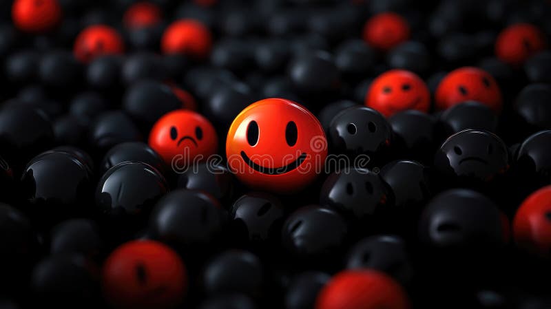 Cute Orange Smiley Face among Gloomy Black Emojis Stock Illustration ...