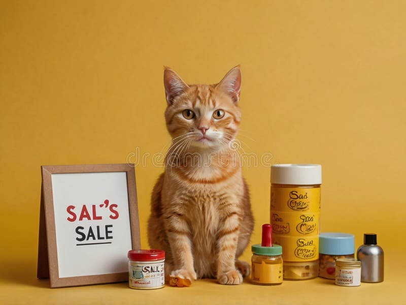 A Cute Orange Tabby Cat Sitting Next To Tiny Sale Sign Stock ...