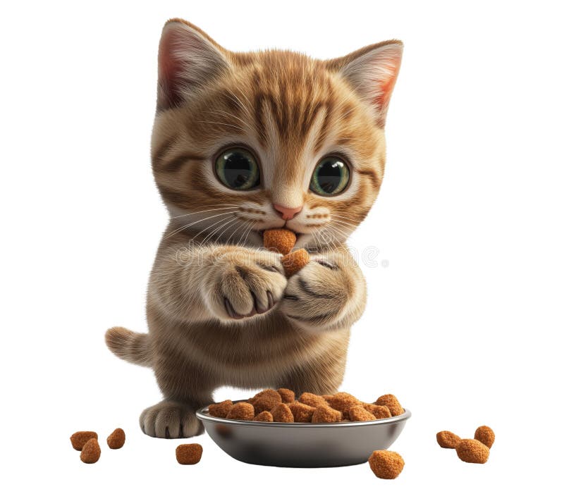 A Cute, Orange Tabby Kitten Eats Kibble from a Bowl, Isolated on a ...