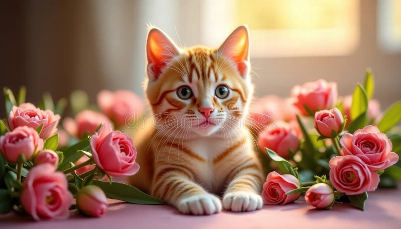 Cute Orange Tabby Kitten Surrounded by Pink Roses on a Soft Surface ...