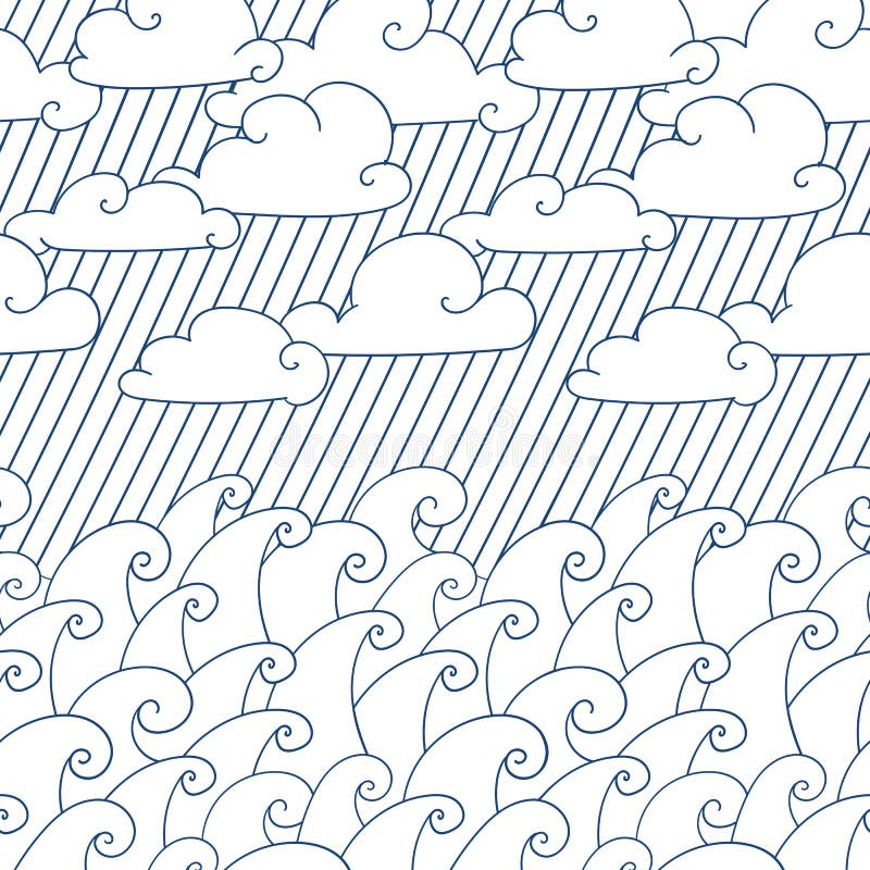 Waves Seamless Pattern. Vector Illustration with Sea Waves, Clouds and ...