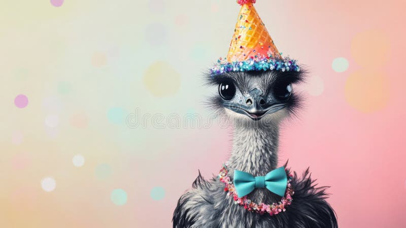 Cute Ostrich Wearing Party Hat and Bow Tie Stock Illustration ...