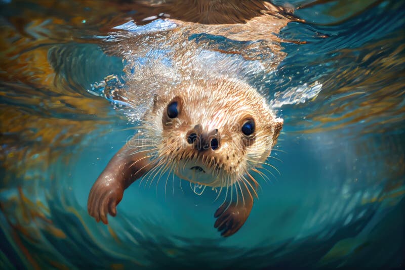 Cute Otter Diving into Pool of Water, Its Head and Feet Visible Above ...