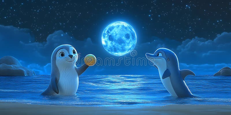 Cute Otter Friends Under the Moon Nighttime Animal Image Stock ...