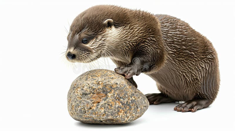 Cute Otter Playing with Rock Isolated on White Stock Photo - Image of ...