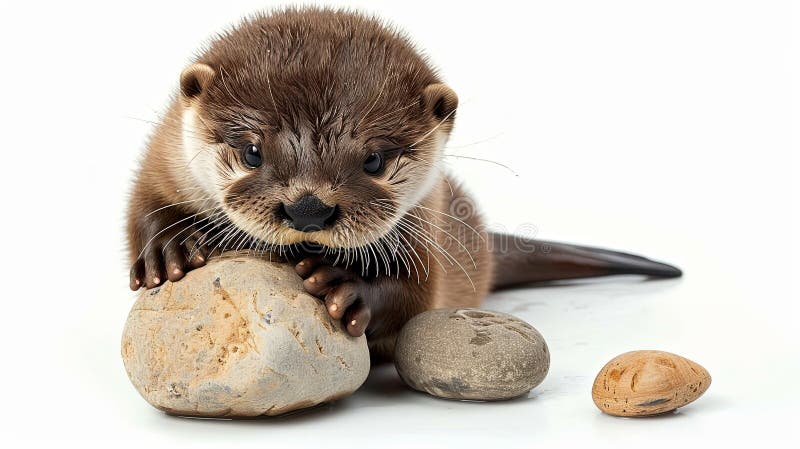 Cute Otter Playing with Rock Isolated on White Stock Photo - Image of ...