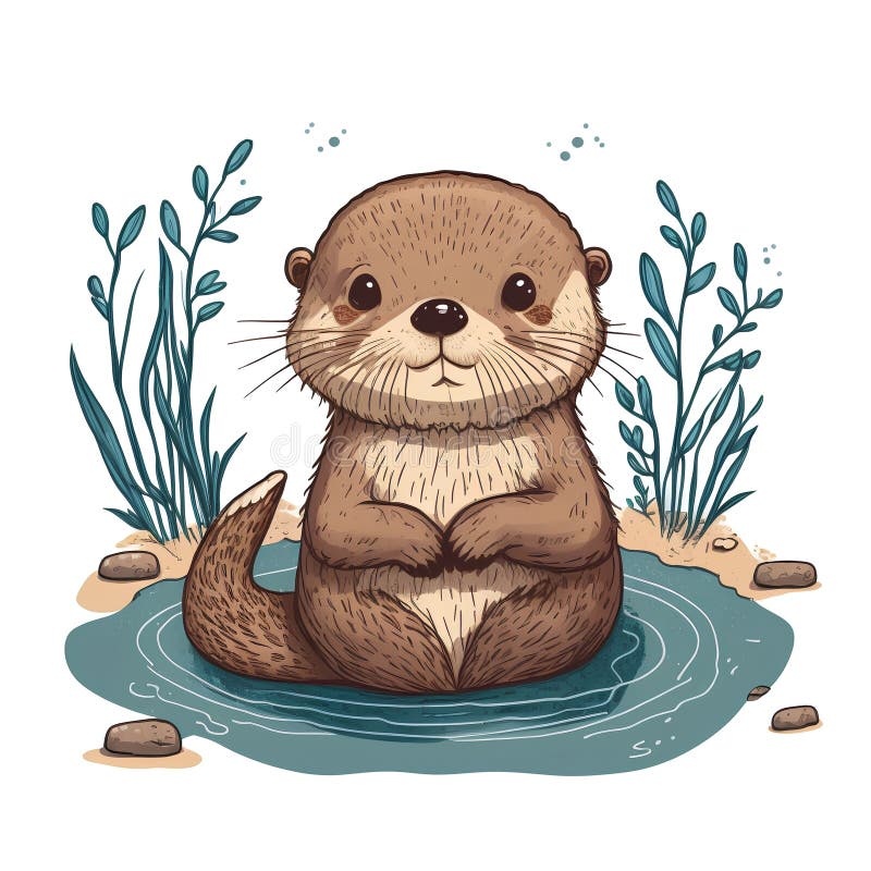 Cute Otter Sitting on a Rock in the Water. Vector Illustration Stock ...