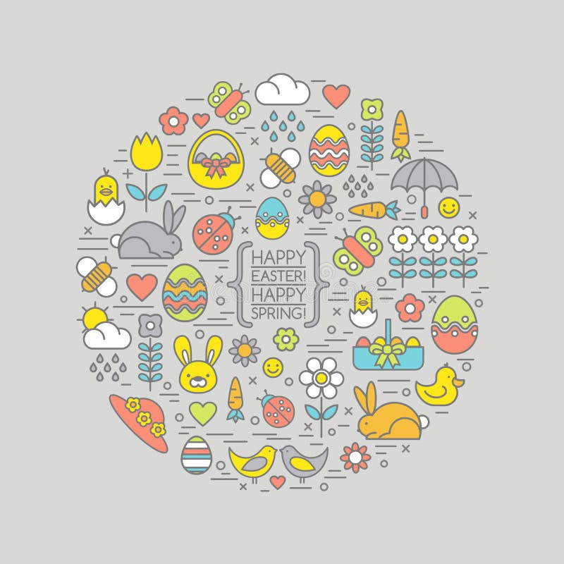 Cute Outline Easter and Spring Icons within a Circle Shape. Stock ...