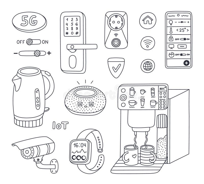 Cute Outline Set of Smart Devices for Entertainment, Cook, Secure Home ...