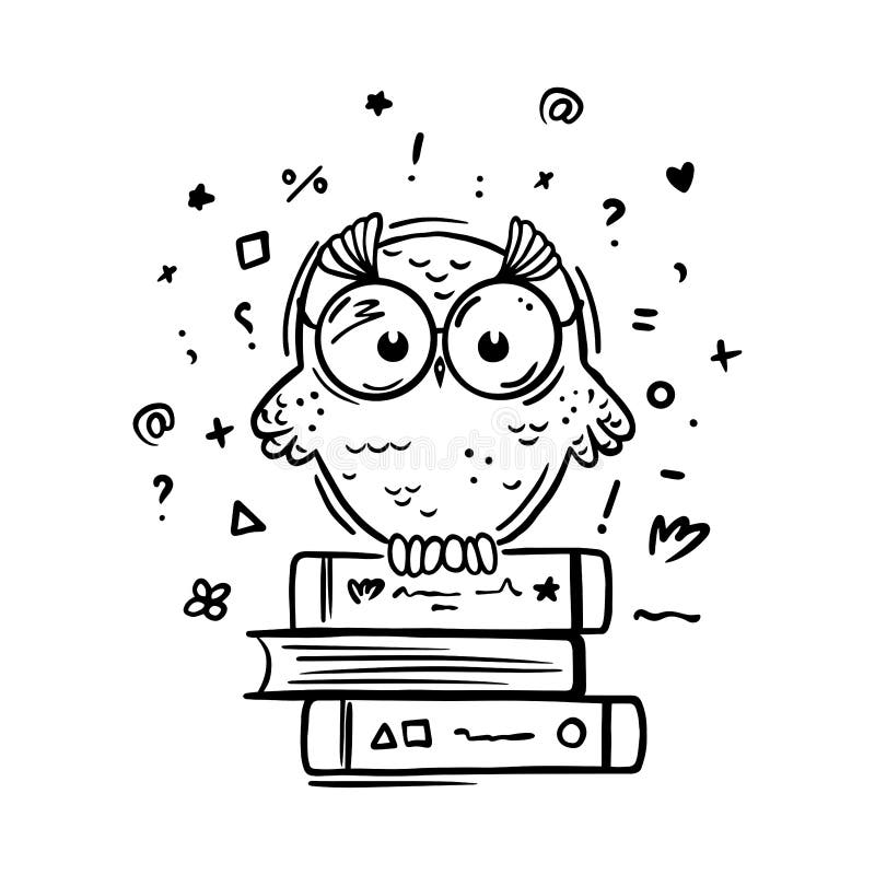 Cute Owl with Books Doodle Illustration Stock Vector - Illustration of ...