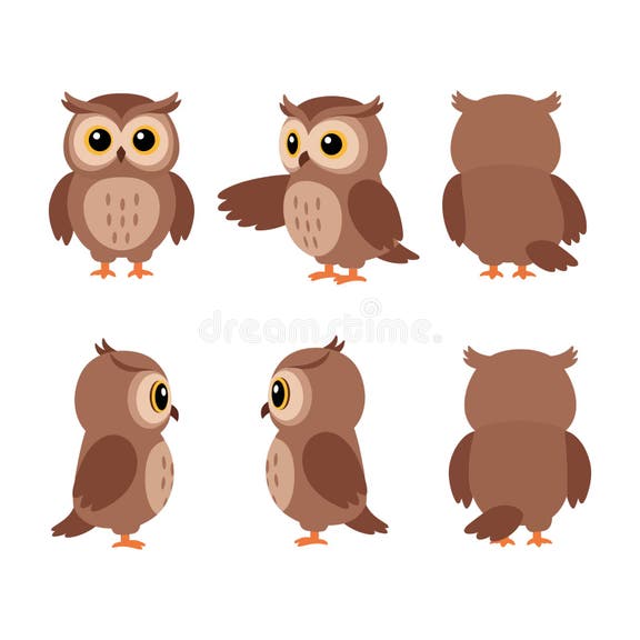 Cute Owl Character Design in Flat Style Showcasing Multiple Angles and ...