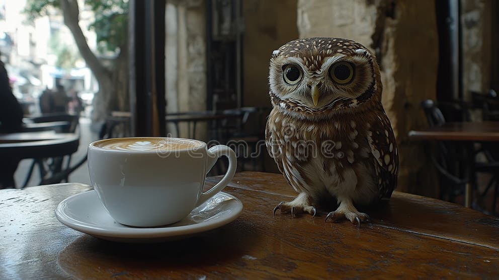 Cute owl on a coffee table stock illustration. Illustration of outdoors ...