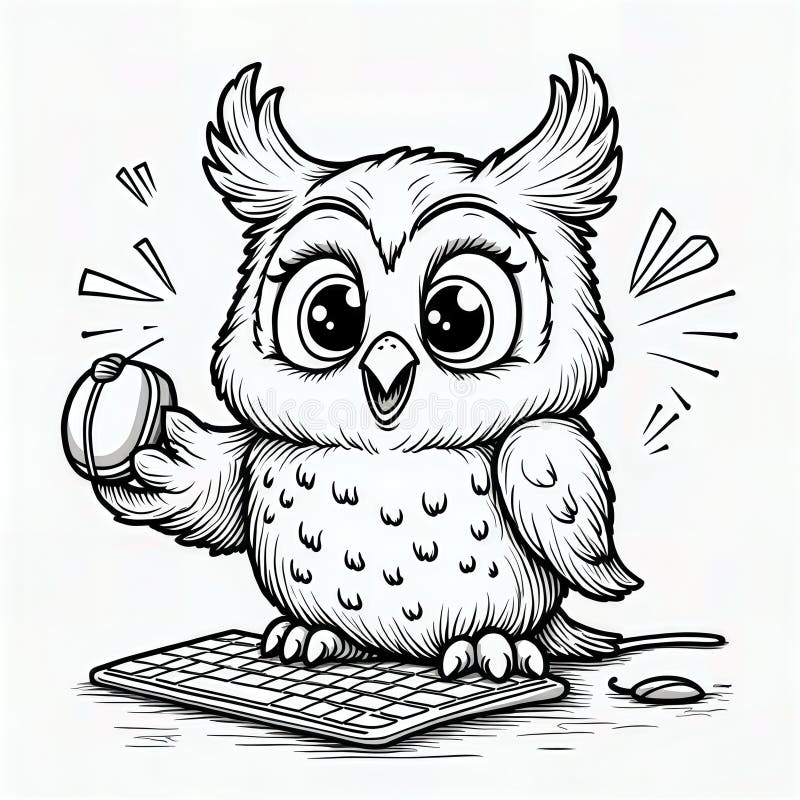 Cute Owl with Computer Coloring Page Stock Illustration - Illustration ...