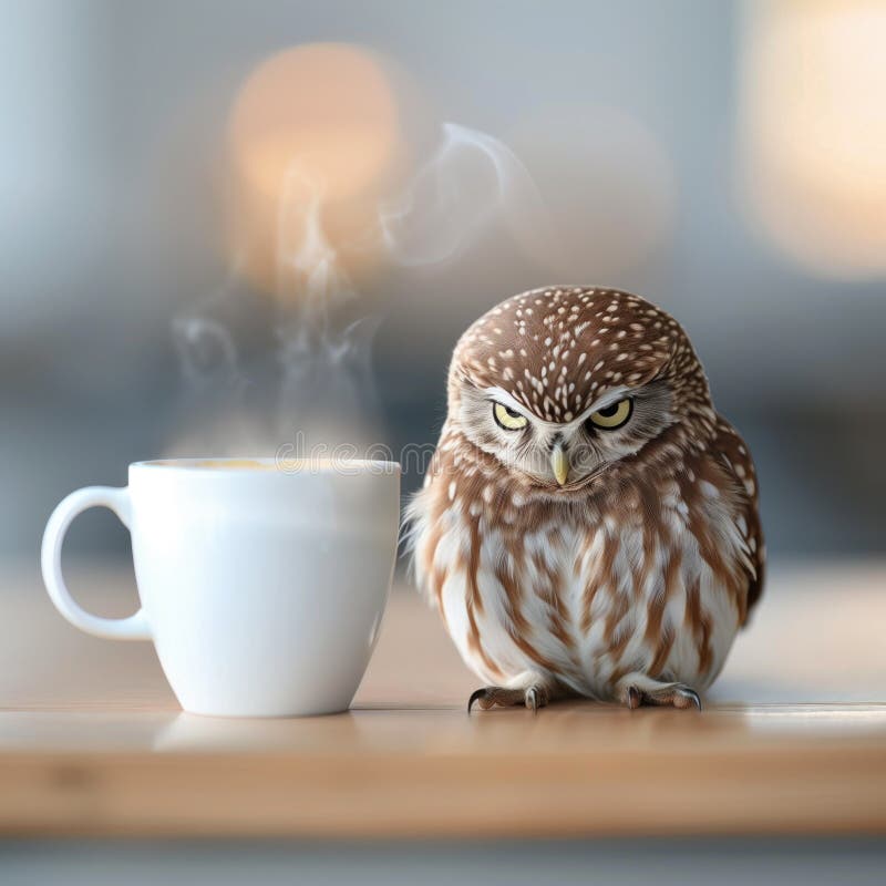 Cute Owl with Espresso Cup on Wooden Table in Cozy Cafe Setting Stock ...