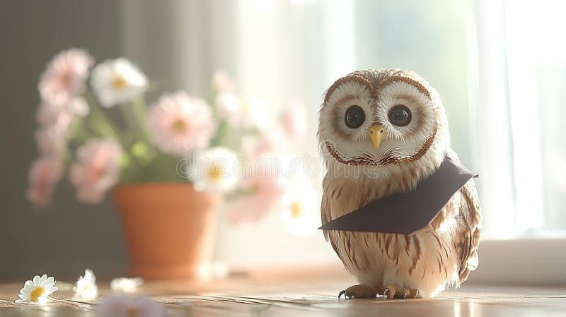 Cute Owl Figurine with Graduation Cap, Flowers, and Window Light Stock ...