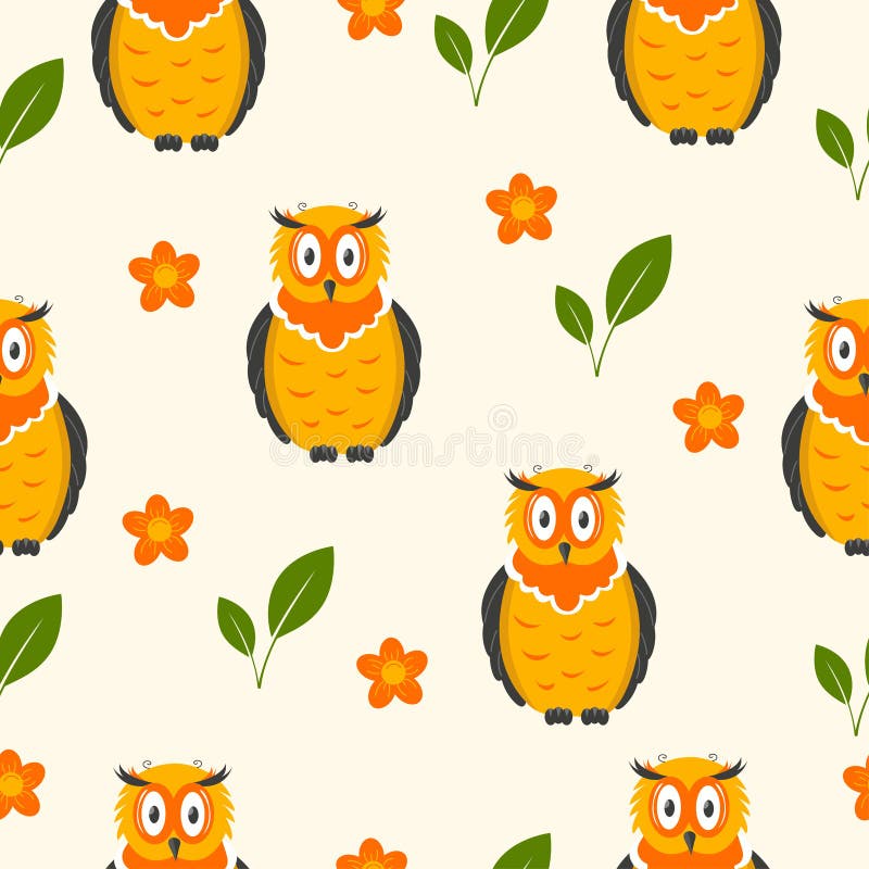 Cute Owl with Leaves and Spring Flowers Stock Vector - Illustration of ...
