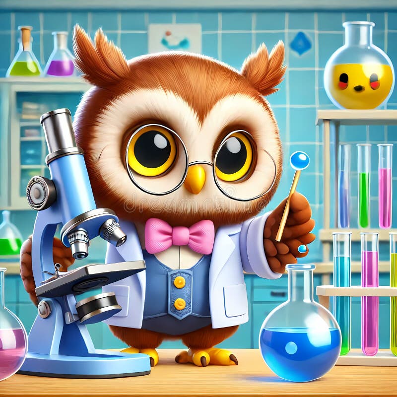 A Cute Owl Making Observation in a Lab, Surrounded by Chemicals Liquids ...