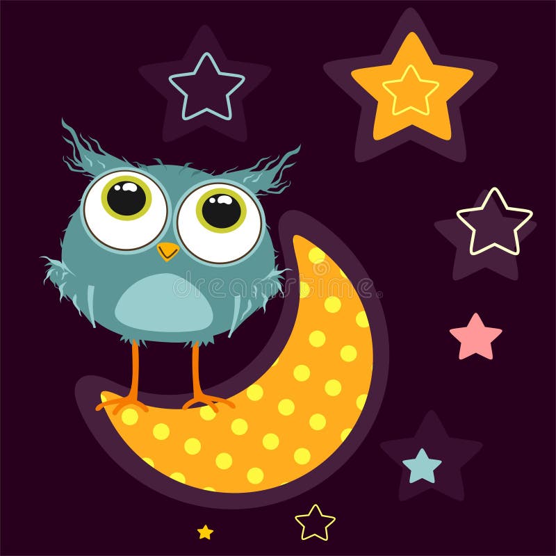 Cute owl on the moon stock vector. Illustration of cartoon - 122974774