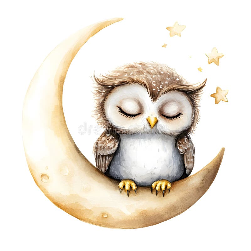 Cute Owl Perched on a Crescent Moon Surrounded by Stars at Night. Stock ...