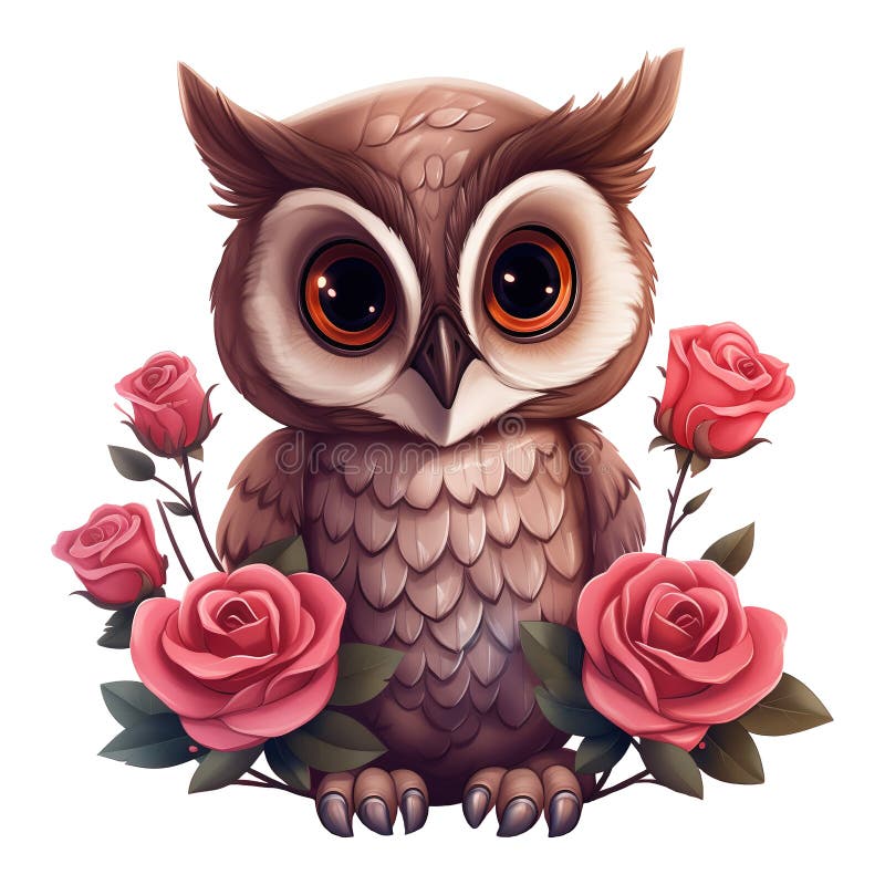 Cute owl with pink roses stock image. Illustration of head - 302489027