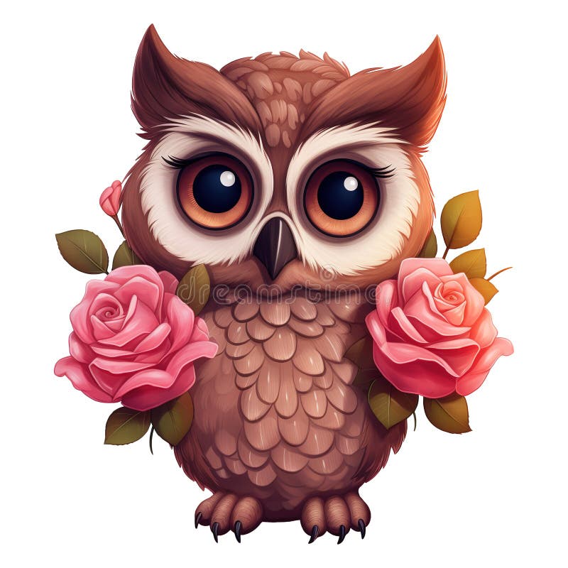 Cute owl with pink roses stock image. Illustration of whimsy - 302489029