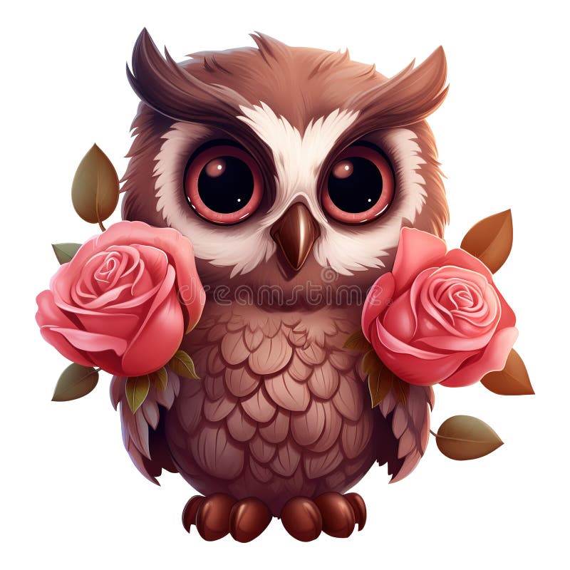 Cute owl with pink roses stock image. Illustration of colorful - 302539635