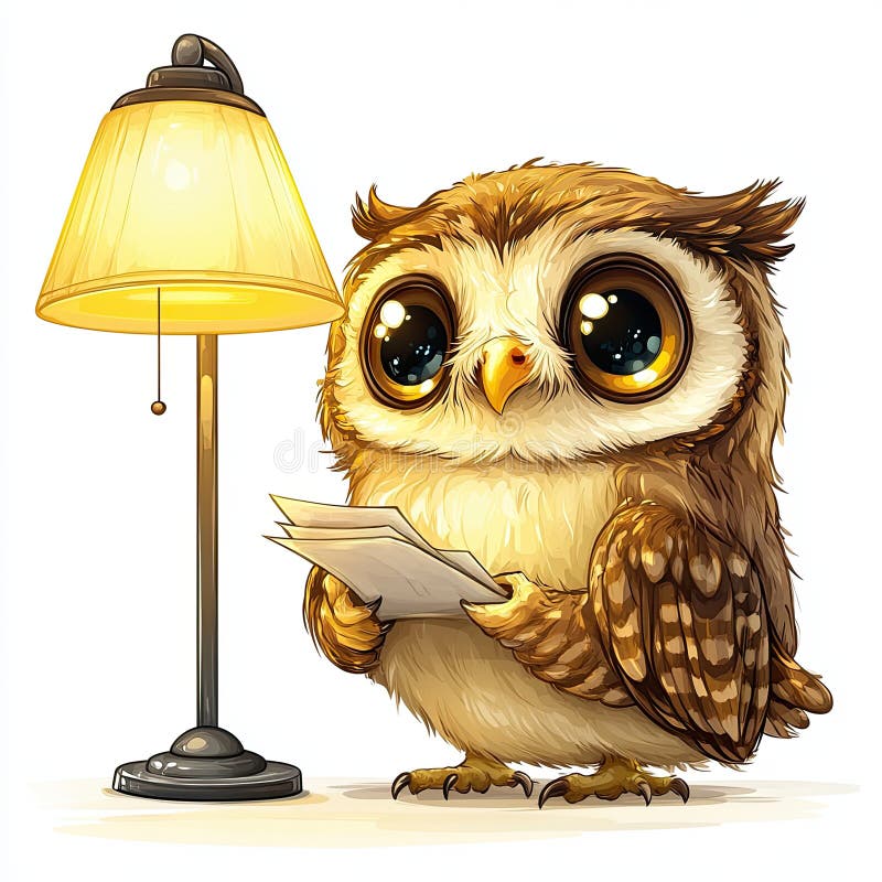 Cute Owl Reading Under Warm Desk Lamp, Working Late at Night Stock ...