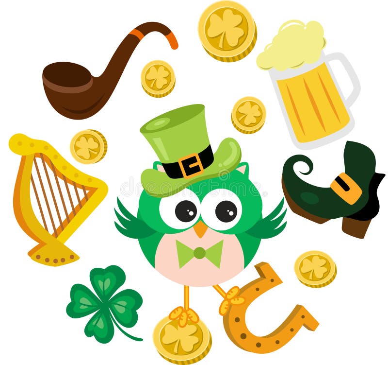 Cute Owl Saint Patricks Day and Good Luck Elements Stock Vector ...
