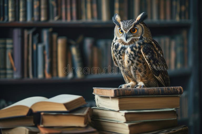 Cute Owl Sitting on a Big Stack of Books. Academic Smart, Clever and ...
