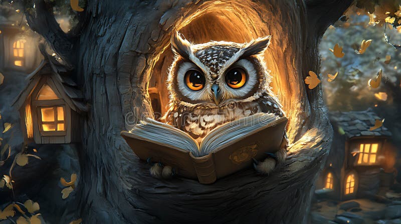 A Cute Owl Sitting in a Tree Hollow Reading a Book with a Magical ...