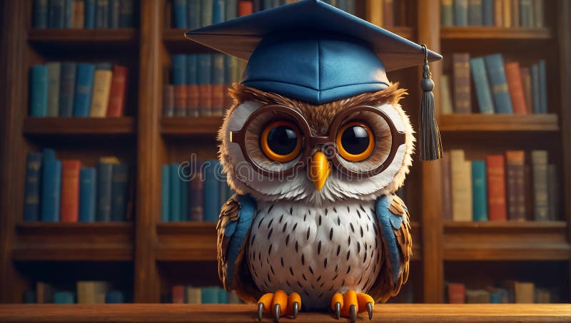 Cute Owl Wearing a Bachelor S Cap in the Library Stock Illustration ...
