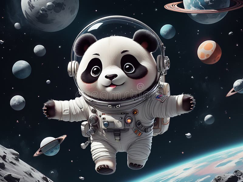 Cute Panda Astronaut Floating in Space Cartoon Kawaii Style - Generated by Ai Stock Illustration ...