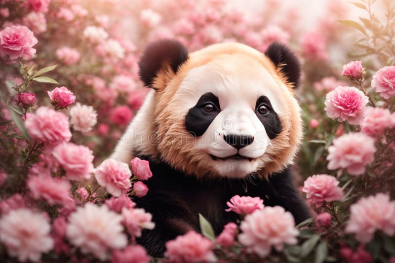 A Cute a Panda Baby in Flowers. Ai Generative Stock Illustration ...